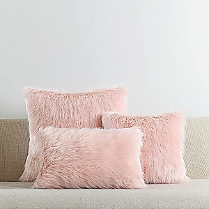 Pack of 2 Luxury Faux Fur Throw Pillow Cover, Modern Chic Blush Pink Decorative Square Pillowcase for Sofa, Chair, Bed, Loveseat, Shaggy Fluffy Cushion Cover with Zipper Closure, 16"x16"