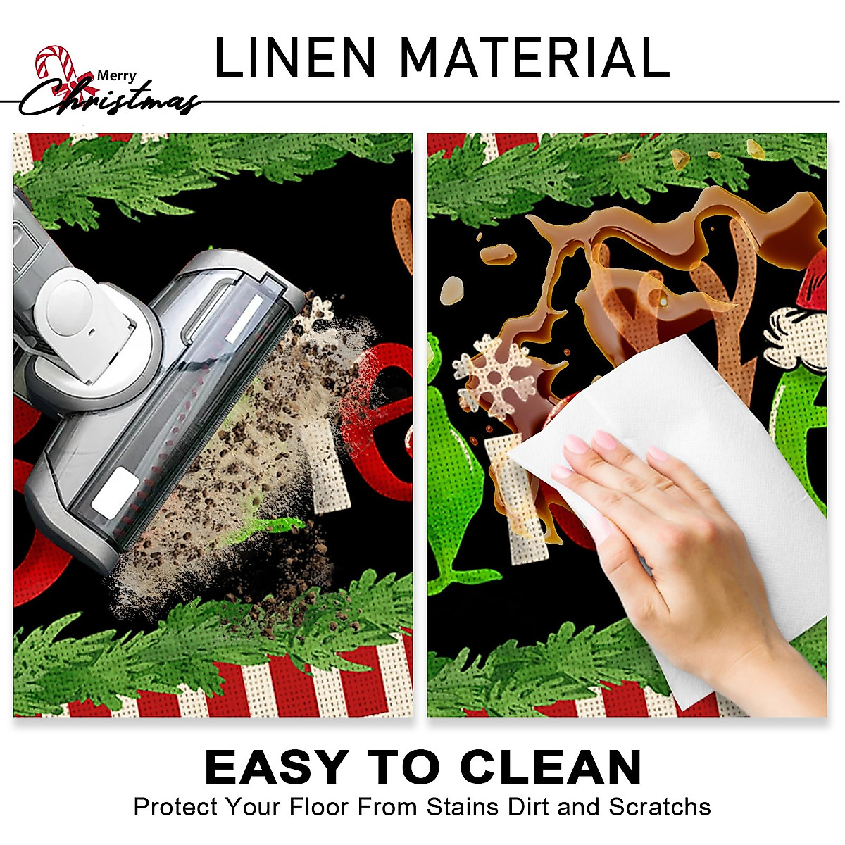 Tailus Christmas Believe Kitchen Rugs Set of 2, Xmas Gifts Stink Stank Stunk Green Kitchen Mats Decor, Red White Stripes Holiday Door Mat Home Decorations - 17x29 and 17x47 Inch