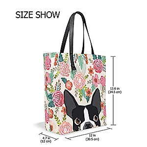Flowers Boston Terrier Travel Double-sided Reusable Grocery Shopping Gym Tote Bag Portable Storage HandBag - Cute Dog Paw Prints