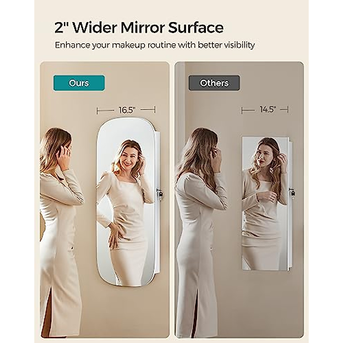 SONGMICS Jewelry Organizer, LED Jewelry Cabinet Wall/Door Mounted, Lockable Rounded Wide Mirror with Storage, Interior Mirror, 3.9 x 16.5 x 42.5 Inches, White Surface with Greige Lining UJJC026W01