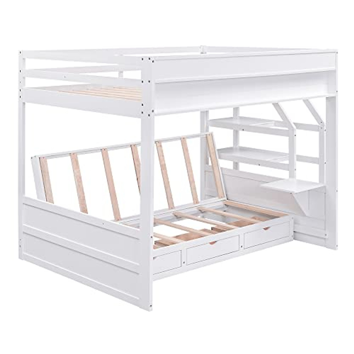 SOFTSEA Full Over Futon/Full Bunk Bed with Storage Staircases, Convertible Couch and Bed with Drawers, Wood Bunk Bed Frame for Kids Teens, No Box Spring Needed (White)