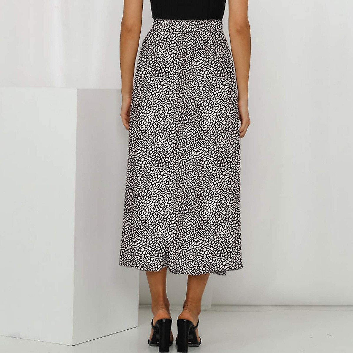 Bravetoshop Womens Boho Leopard High Waist Flowy Midi Skirt High Low Side Split Wrap Maxi Skirt (Black,M)