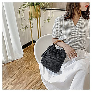 QTKJ Hand-woven Large Straw Tote Bag with Black Leather Tassels Boho Brown Wooden Round Handle Tote Retro Summer Beach Bag Rattan Handbag (Black)