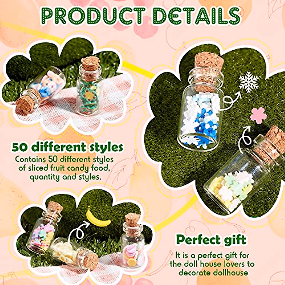 50 Pieces Cute Miniature Dollhouse Food Jar Glass Bottle 1:12 Mini Fruit Simulation Scene Candy Snack Model Game Party Toys Pretend Play Doll House Kitchen Decoration for Dollhouse