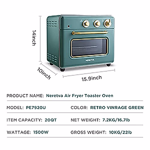 Neretva Air Fryer Toaster Oven Large 21 QT, 5 In 1 Countertop Oven, Fit 8" Pizza Convection Air Fryers Oven for Family, Include 6 Accessories & Cookbook, Stainless Steel, ETL Certified, Vintage Green