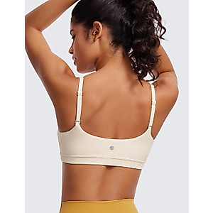 CRZ YOGA Womens Butterluxe Adjustable Spaghetti Strap Sports Bra - Scoop Neck Wireless Padded Yoga Workout Crop Top White Apricot Small