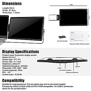 Laptop Screen Extender - 360° Rotatable 14.1” Attachable Portable Monitor for Laptop FHD TFT USB Laptop Dual Screen, Plug and Play for Mac, PC, & Chrome, Fit 13-17“ Laptop