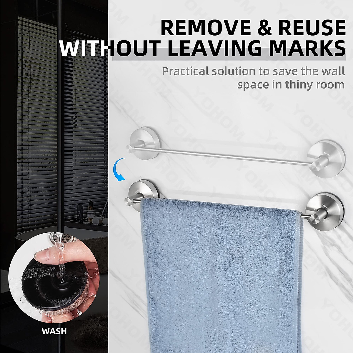 YOHOM Suction Cup Towel Bar for Shower 17 Inch Stainless Steel Bathroom Towel Rack Suction Washcloth Holder Vacuum Hand Towel Bar for Glass Shower Door Removable Towel