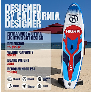 HIGHPI Inflatable Paddle Boards, 11'x33''x6'' SUP for Adults&Youth, Stand Up Paddle Boards with Accessories, Anti-Slip Deck, Stable Durable Lightweight, Suitable for Yoga Fishing Traveling