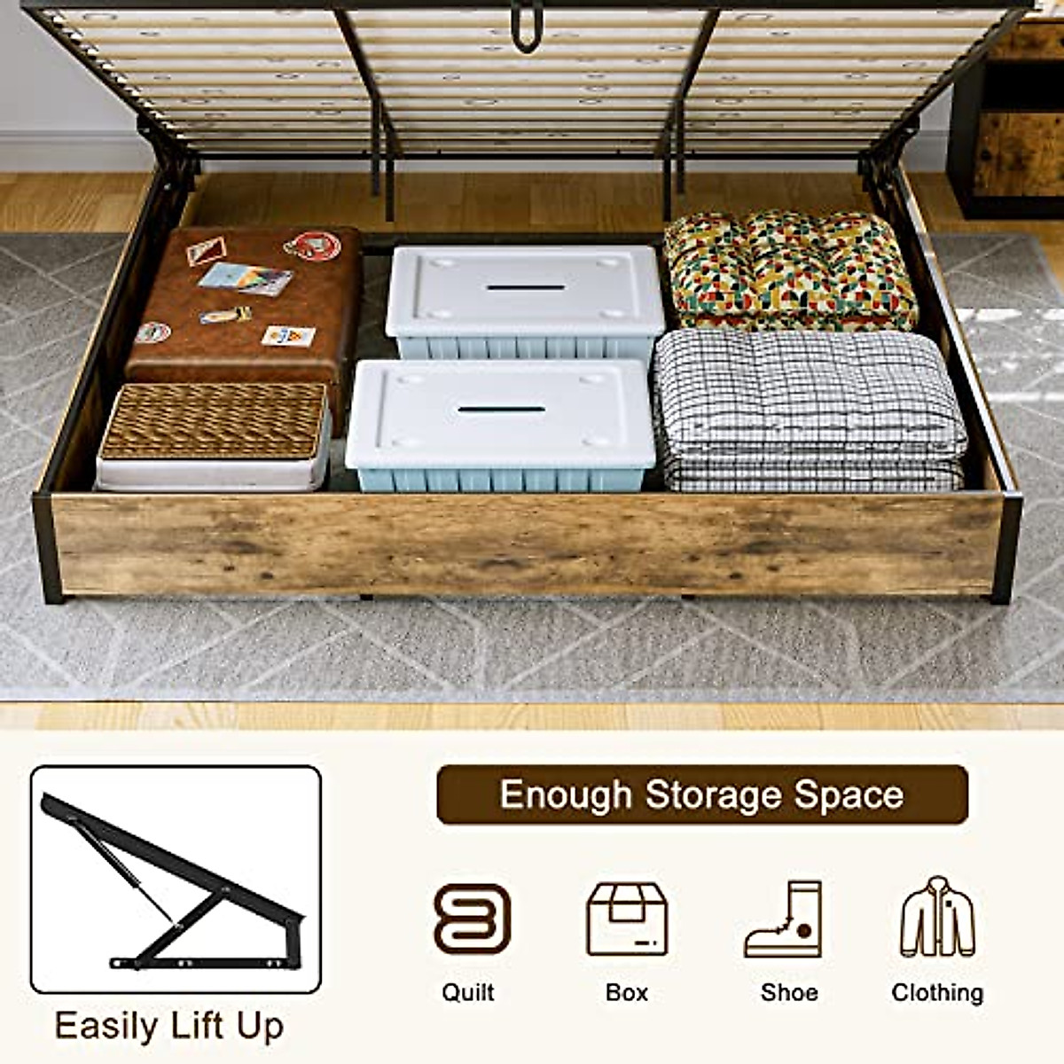 IKIFLY California King Size Lift Up Storage Bed - Metal Cal King Platform Bed Frame with 2-Tier Storage Shelf Headboard & Charging Station, Solid Wood Slats, No Box Spring Needed - Rustic Brown