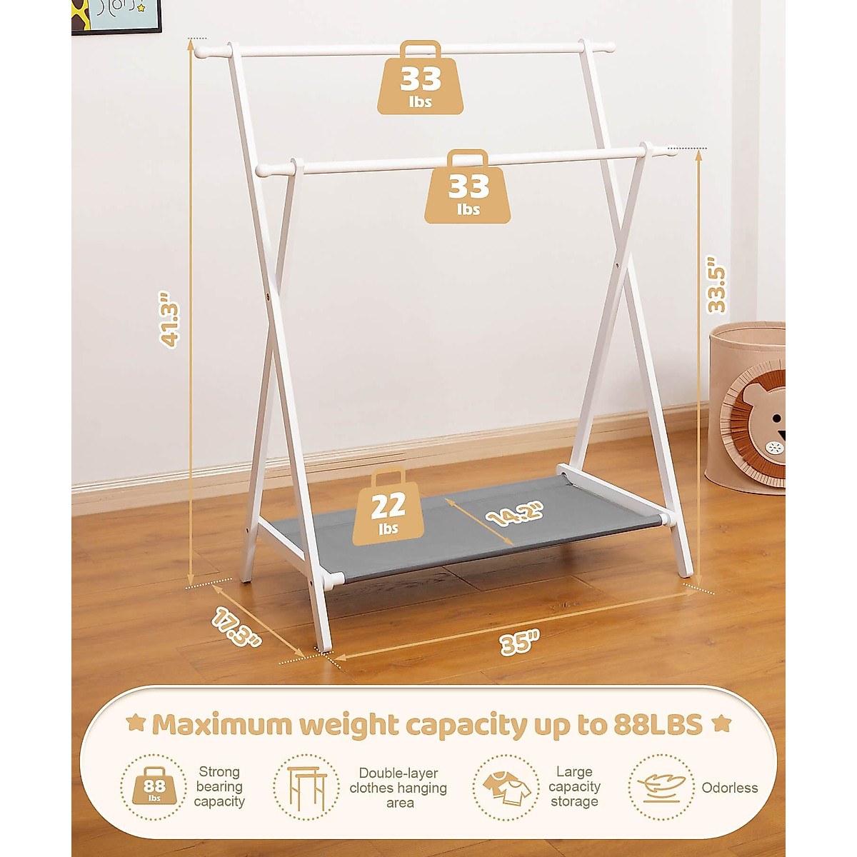 Cozivolife Kids Clothing Rack with 2 Hanging Rods and 4 Hooks, Kids Dress Up Rack with Bottom Storage Shelf, Child Garment Rack, Small and Foldable, Bamboo (White)