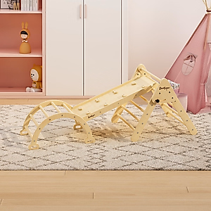 BanaSuper 3 in 1 Climbing Triangle Ladder with Ramp & Arch Foldable Wooden Climbing Triangle Set Montessori Climbing Toys for Baby Ourdoor Indoor Playground Play Gym Gift for Boys Girls