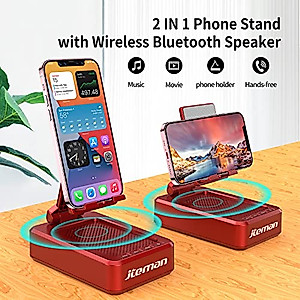 JTEMAN Portable Wireless Bluetooth Speakers with Phone Stand,Gifts for Women and Men,Birthday Christmas for Women Men,Kitchen Gadgets for Men,Compatible for iPhone/Samsung/Mini iPad - Red