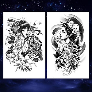 Oottati 6 Sheets Arm Fake Waterproof Temporary Tattoos Stickers Black Japanese Geisha Samurai Women Flower Lotus