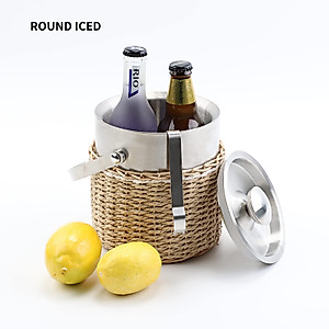 Ice Bucket with Lid, 2 Liter Stainless Steel Insulated Ice Bucket with Wicker Outer Basket Handle Tongs for Party Bar Buffet