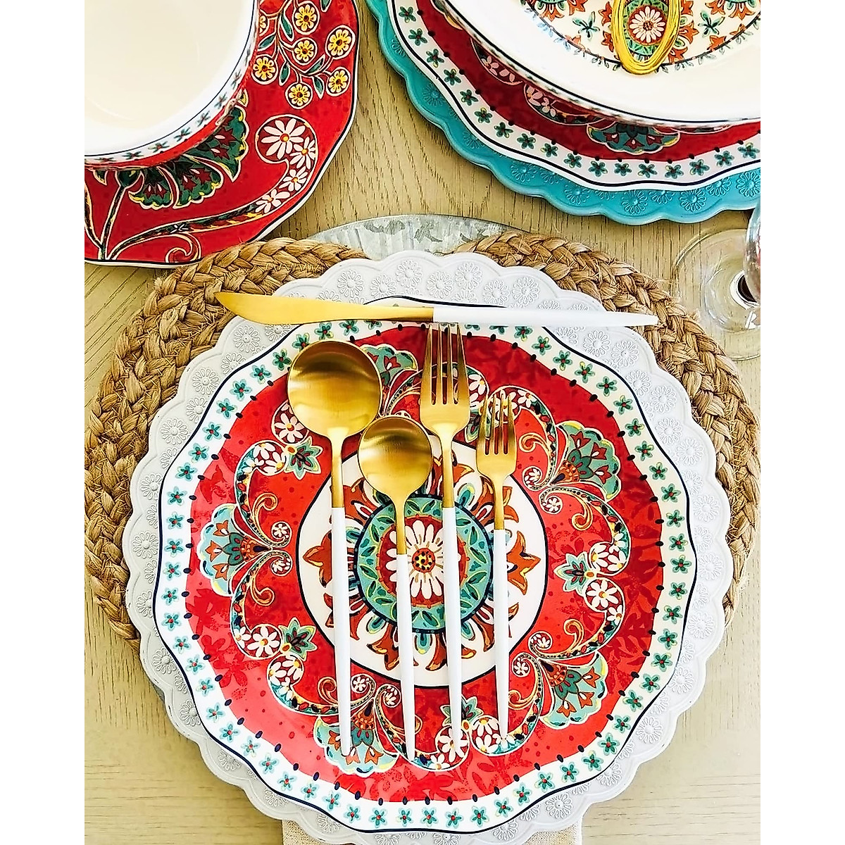 Sonemone 11 Inch Red Farmhouse Floral Dinner Plates, Set of 4, Large Ceramic Plates for Salad, Dinner, Microwave & Dishwasher Safe