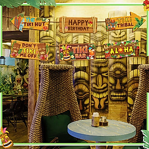 Colarr 20 Pieces Tiki Totem Birthday Party Decorations Hawaiian Luau Party Directional Sign for Aloha Hawaii Luau Tropical Party Supplies, 10 Styles