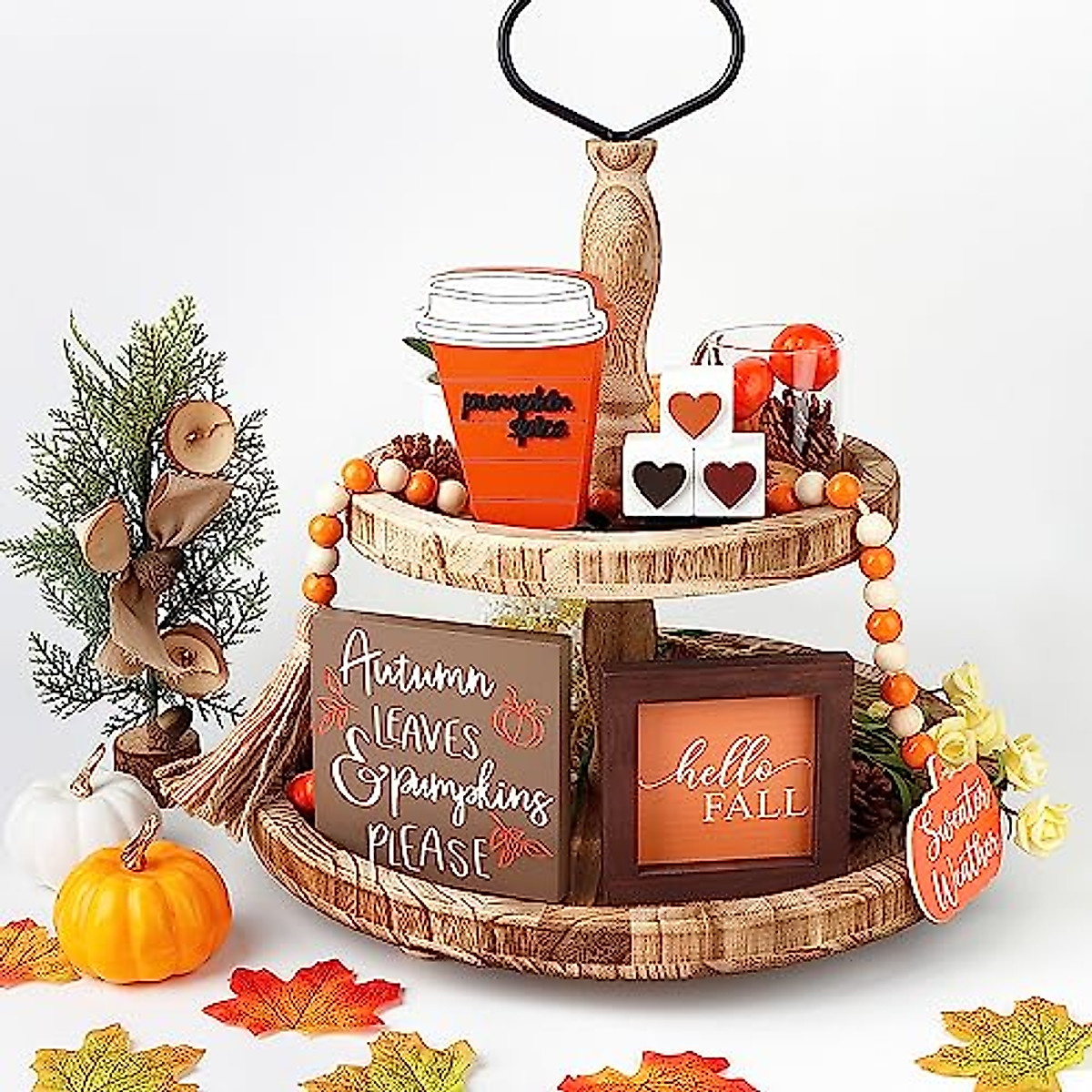 Fall Table Decor, Farmhouse Fall Home Decor Set with 3 Heart Blocks, 3 Wooden Signs and Wood Bead Garland for Tiered Tray, Shelf and Mantle - Fall Decorations for Home (Tray not Included)