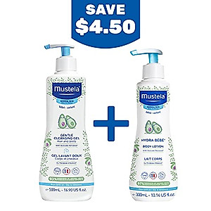 Mustela Baby Bath Time Gift Set - Baby Skin Care Essentials with Natural Avocado - Contains Hydra Bebe Body Lotion 10.14 fl. oz. & Gentle Cleansing Gel 16.9 fl. oz. - 2 Items Set