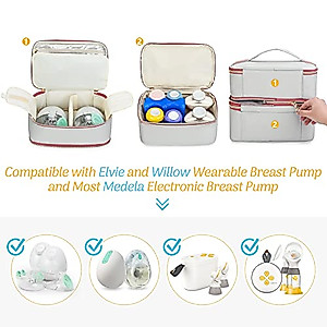 Damero Wearable Breast Pump Bag with Cooler Compatible with Elvie and Willow Breast Pump, Double Layer Carrying Case with Detachable Design and Waterproof Mat for Wearable Breast Pumps and Extra Parts