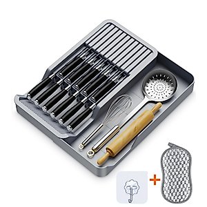 RISHTEN Kitchen Knife Drawer Organizer Grey, In Drawer Knife Block Holder with Expandable Cutlery Tray Compact Organization Drawer Storage Holds Up To 11 Knives (Including Hooks&Sponges)