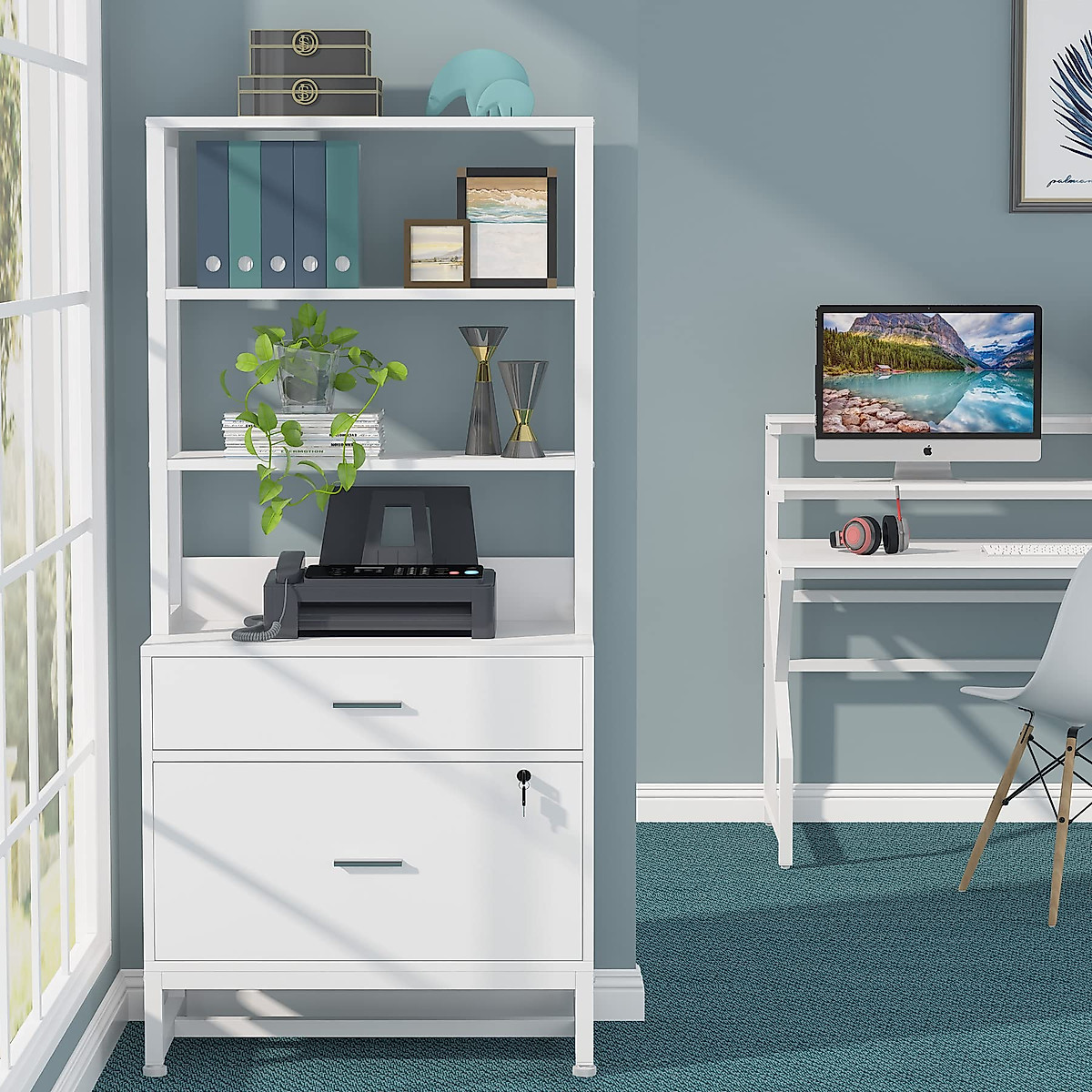 Tribesigns 2 Drawer Lateral File Cabinet with Lock, Letter Size Large Modern Filing Cabinet Printer Stand with Open Storage Shelves for Home Office, White