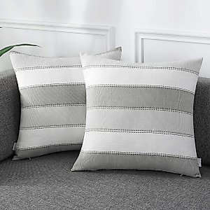 AmHoo Pack of 2 Farmhouse Stripe Check Throw Pillow Covers Set Case Cotton Linen Decorative Pillowcases Cushion Cover for Couch Bench Sofa 20x20Inch Light Grey Beige