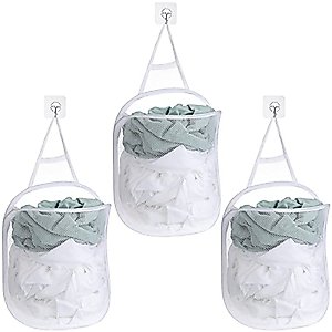3 Pieces Hanging Laundry Hamper Laundry Bag to Hang Foldable Mesh Hamper Dirty Cloth Basket with Carry Handle Door Net Hampers for Store Cloth, Toy, Camping, Hotel Use