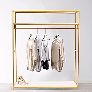 GDAE10 1.8m Height Gold Garment Rack with Three-tiers Wood Board Stand Iron Wedding Dress Bridal Garment Rack Dress Display Stand Floor Hanger Storage Rack for Home Wedding Clothing Store