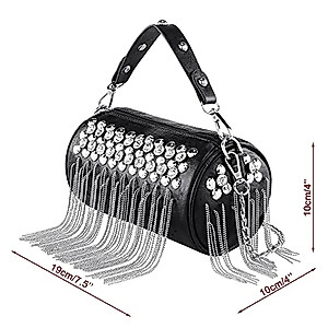 Primila Rhinestone Crossbody Handbag Clutch Fringe Rhinestone Purse Top Handle Rivet Tote Shoulder Punk Party Club Bag (Black,Small)