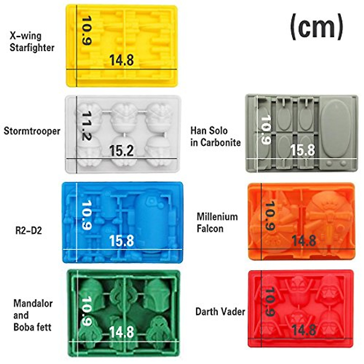 Sunerly Silicone Ice Tray Molds in Star Wars Character Shapes, Ideal for Chocolate, Ice Cubes Trays, Jelly, Sweets, Desserts, Baking Soap and Candle Making (Set of 7)