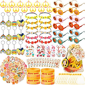 Tenceur 146 Pcs Groovy Party Favors Include Hippie Bracelet Keychain Boho Tattoo Sticker Daisy Headband Peace Necklace Sunglasses Sticker Gifts Bag Thank You Tags for Retro Groovy Birthday Party
