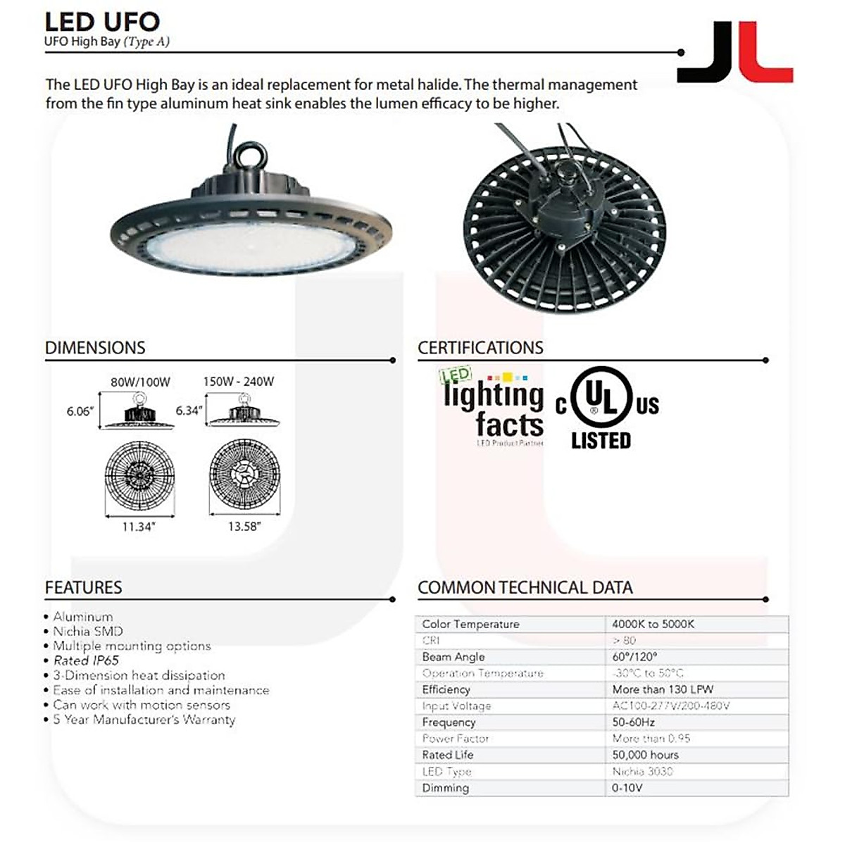 Luminance LED UFO High Bay Light 200W 4000K-5000K EV-U200W_D2DZ, Wet/Dry Location, Rated for 50,000 hrs., CRI 80, Nichia 3030, Black