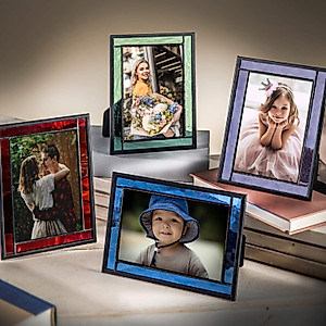 Red Stained Glass Picture Frame for Home Décor, Office, Desk, Table Top 4x6 Photo Horizontal Vertical Easel Back Series J Devlin