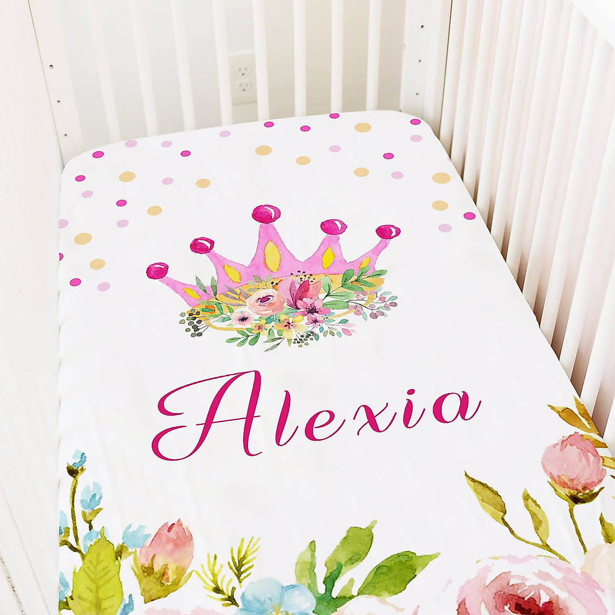 Munific Personalized Girl Crown Baby Crib Sheet with Name, Custom Crib Mattress Sheets for Baby Girls, Fitted Crib Bedding Sheets, Pack and Play Sheets, Mini Crib Sheet | Name Crib Sheets