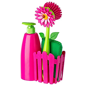 Vigar Flower Power Pink Sink Caddy Set with Soap Dispenser, 10-1/2-Inches, Pink, Green