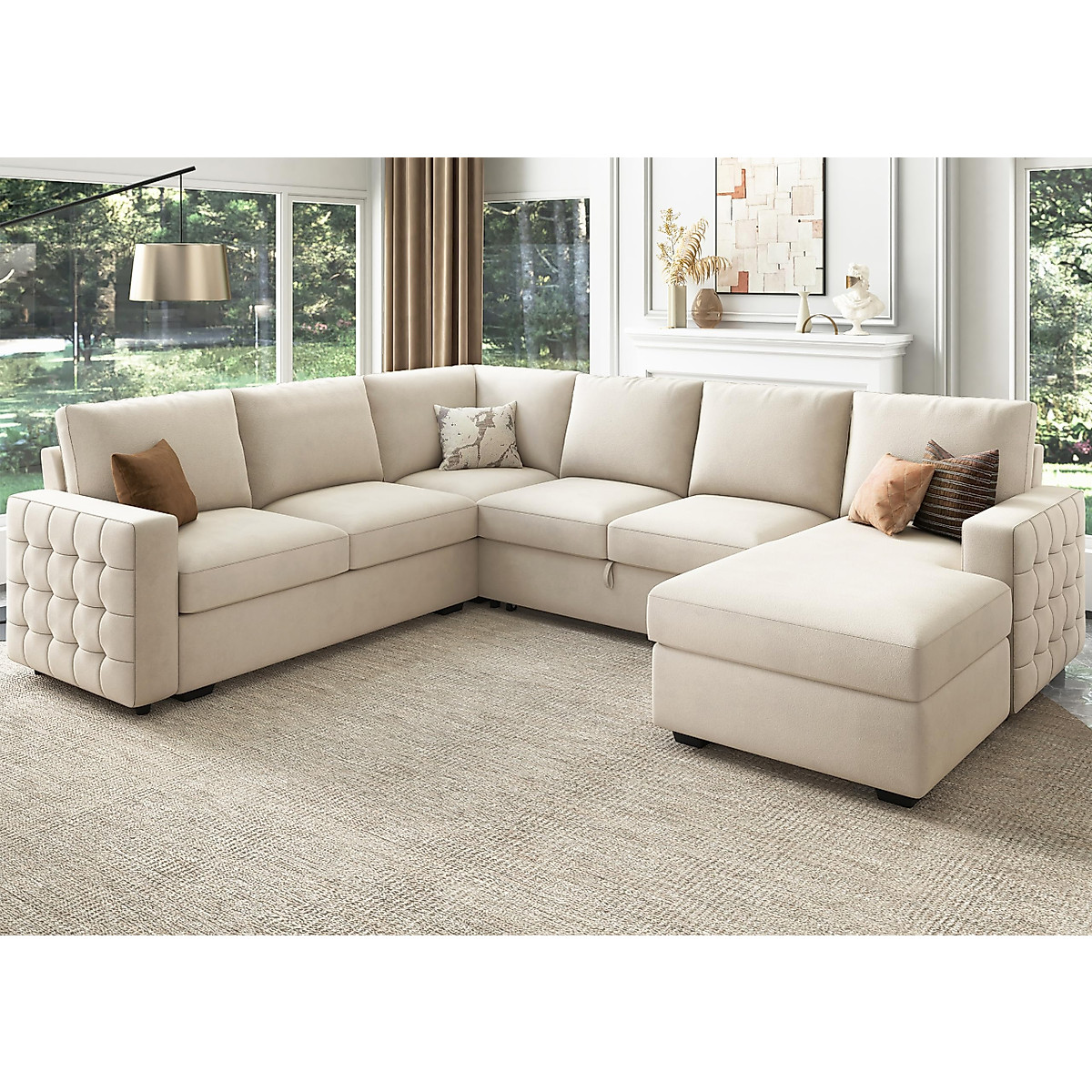 HONBAY Sleeper Sectional Sofa with Storage Chaise U Shaped Sectional Couch for Living Room, Velvet Sleeper Sectional Couch with Pullout Bed, Beige