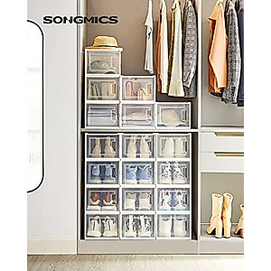 SONGMICS Shoe Boxes, Set of 18 Shoe Storage Organizers, Stackable and Foldable for Sneakers, Fit up to US Size 13, Transparent and White ULSP18MWT