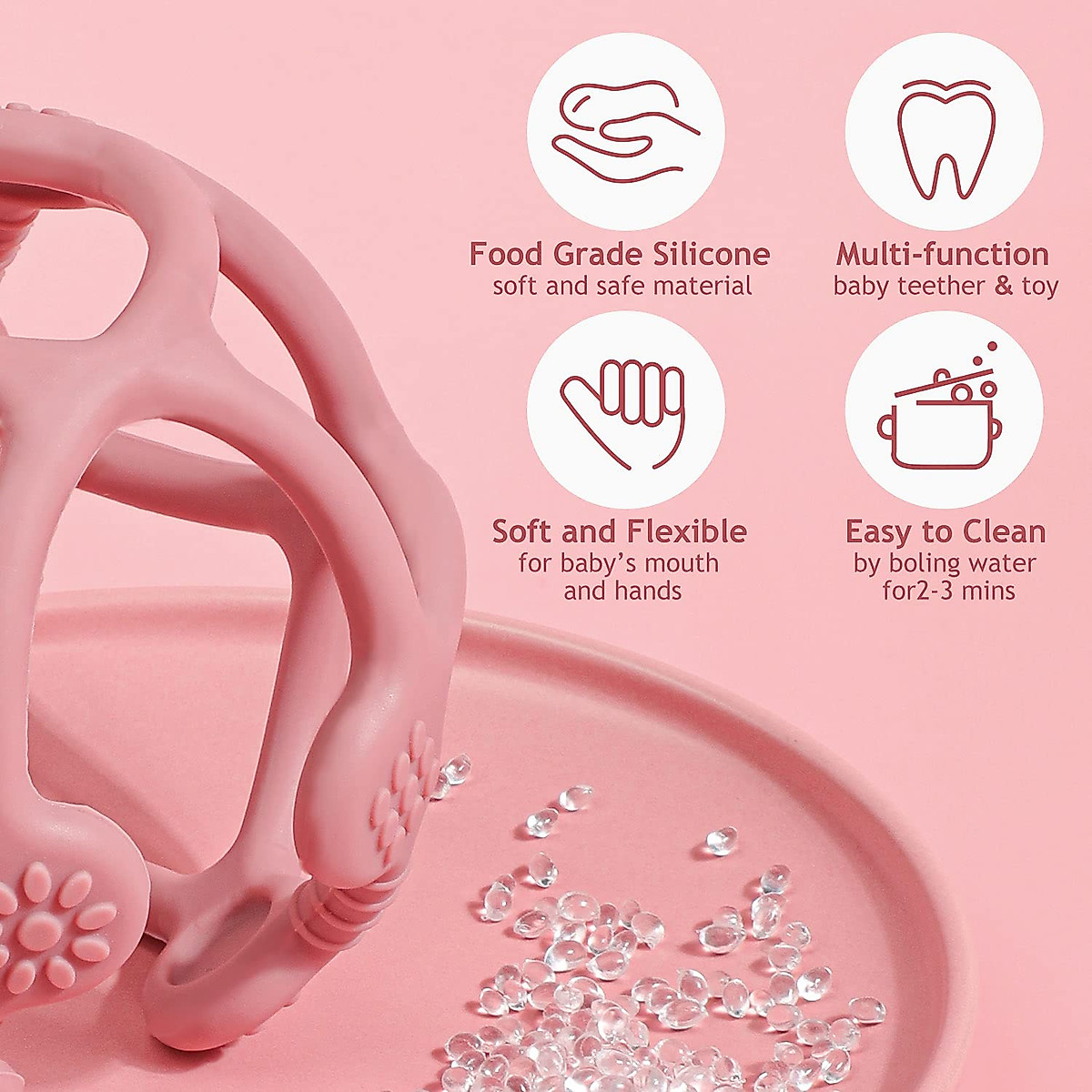 haakaa Baby Teether Silicone Teething Ball Soft Teething Toy for 3 Month+ Baby and Infant Made of Food Grade Silicone, Blush Color 1pc