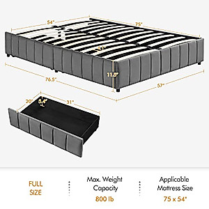 Yaheetech Platform Bed Frame with 4 Storage Drawers, Upholstered Bed Frame with Strong Wooden Slats/Mattress Foundation/No Fixed Headboard/No Box Spring Needed/Large Storage Space,Dark Grey-Full