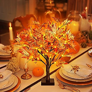 FastDeng 1.5ft Lighted Maple Tree, Artificial Fall Tree Light, Timer 36 LED Light, 72 Leaves, 6 Acorns Autumn Tabletop Tree Battery Operated for Indoor Fall Harvest Home Decor, Thanksgiving Decoration