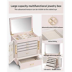 Vlando Large Jewelry Organizer Box for Women,Faux Leather Jewelry Storage with 5 Drawn,Watch Necklace Rings Earrings Case for Mothers Day Gift for Mom Wife Women（Apricot White）