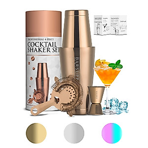 Professional Boston Cocktail Shaker Set | 4-Piece Bar Set | Stainless Steel 304 | 28oz/18oz Weighted Shaker Tins | Hawthorne Strainer | Double Sided Jigger | Recipe Booklet | Bartender Kit (Copper)