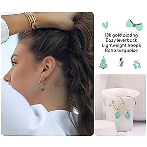 PEARLADA 18k Gold Hoop Earrings with Turquoise Charm Boho Dangle Drop Earrings Trendy Handmade Summer Jewelry