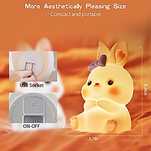 LEDHOLYT Kids Night Light, Cute Soft Bunny Silicone Light with Remote Control, Kawaii Animal Bedside Lamp for Women and Girls, LED Bunny Night Light for Toddler Bedrooms and Children's Rooms