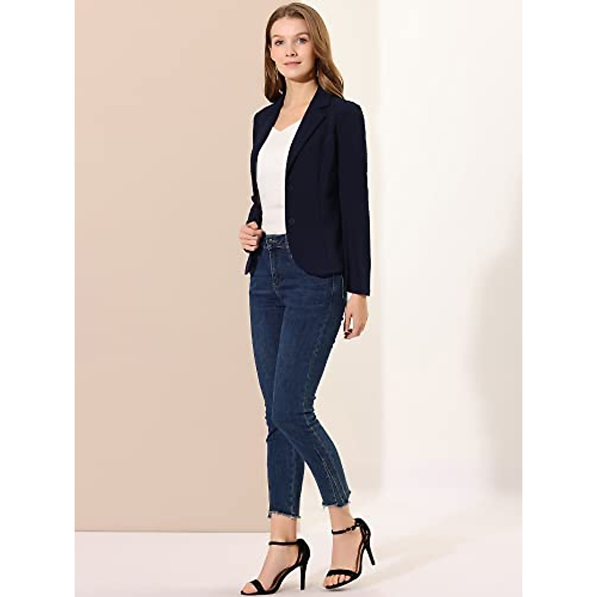 Allegra K Women's Work Office Lapel Collar Stretch Jacket Suit Blazer Small Navy Blue