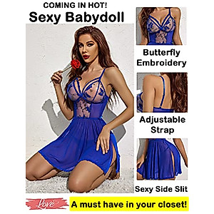 Avidlove Sexy Lingerie For Women Lace Chemise Mesh Sleepwear Plus Size Babydoll Lingerie Blue XL