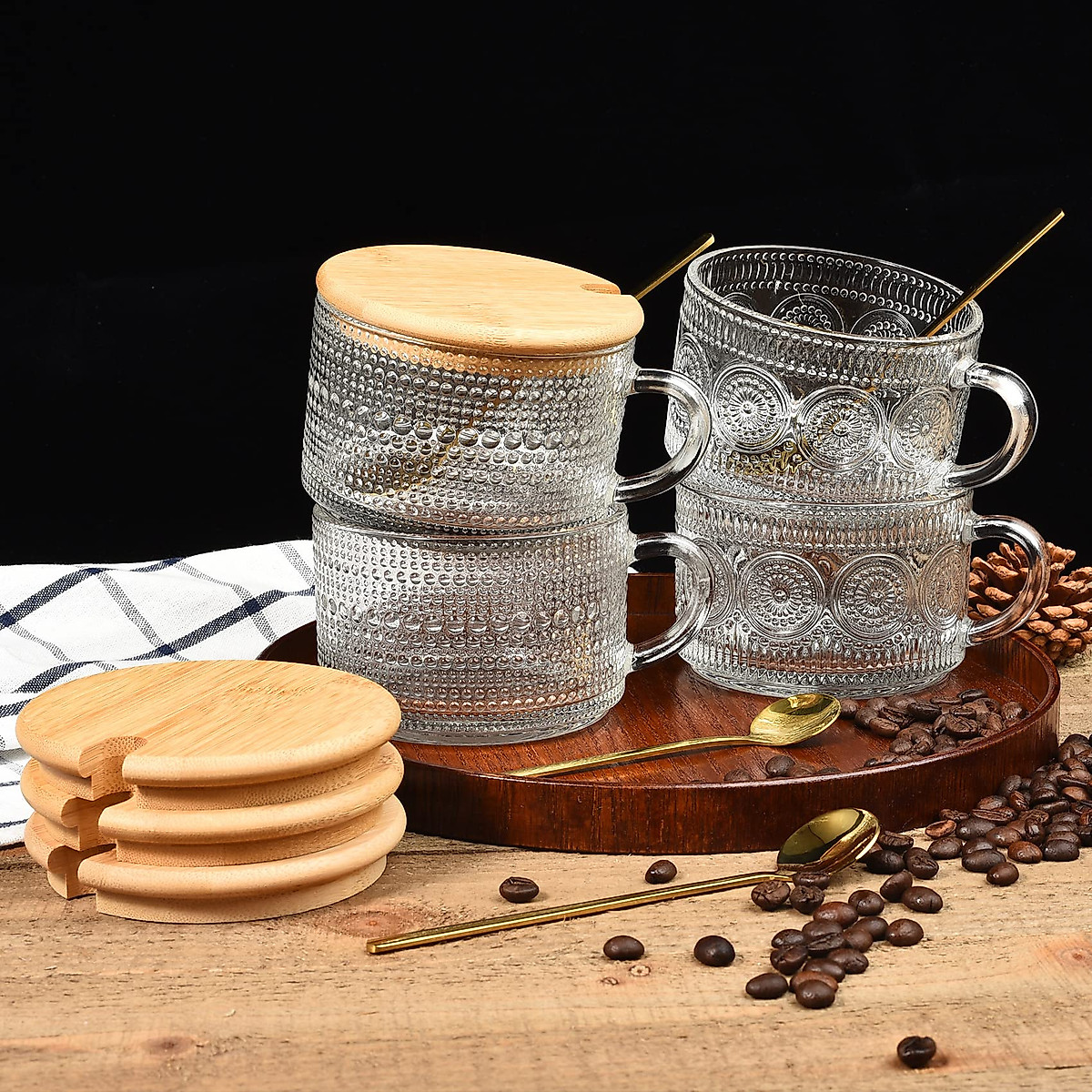 TIMIFTE Vintage Coffee Mugs Set of 4 Embossed Tea Cups, Overnight Oats Containers with Bamboo Lids and Spoons, 14oz Glass Coffee Cups for Cappuccino, Latte, Cereal, Yogurt, Beverage, Clear