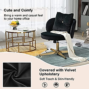 Mcltopz Velvet Office Chair Armless Desk Chair No Wheels, Modern Swivel Cute Vanity Chair with Gold Cross Legs, Ergonomic Mid Back Adjustable Wide Seat Computer Task Chair for Makeup Vanity Home Black