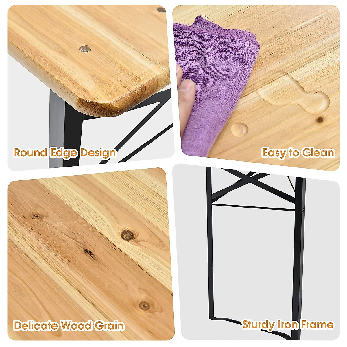 LDAILY Moccha 3 Pieces Fir Wood Dining Set Furniture, 70” Rustic Patio Wooden Table and Benches for Garden Porch Balcony Deck, Foldable Camping Party Picnic Table Set